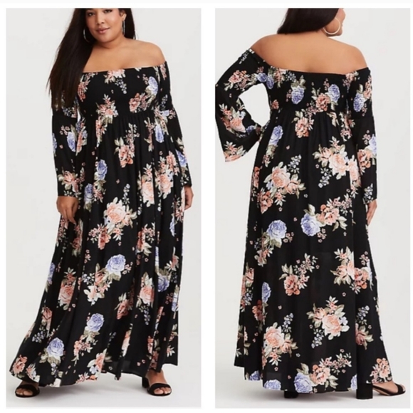 torrid | Dresses | Torrid Black Floral Cabbage Rose Smocked Bodice Maxi ...